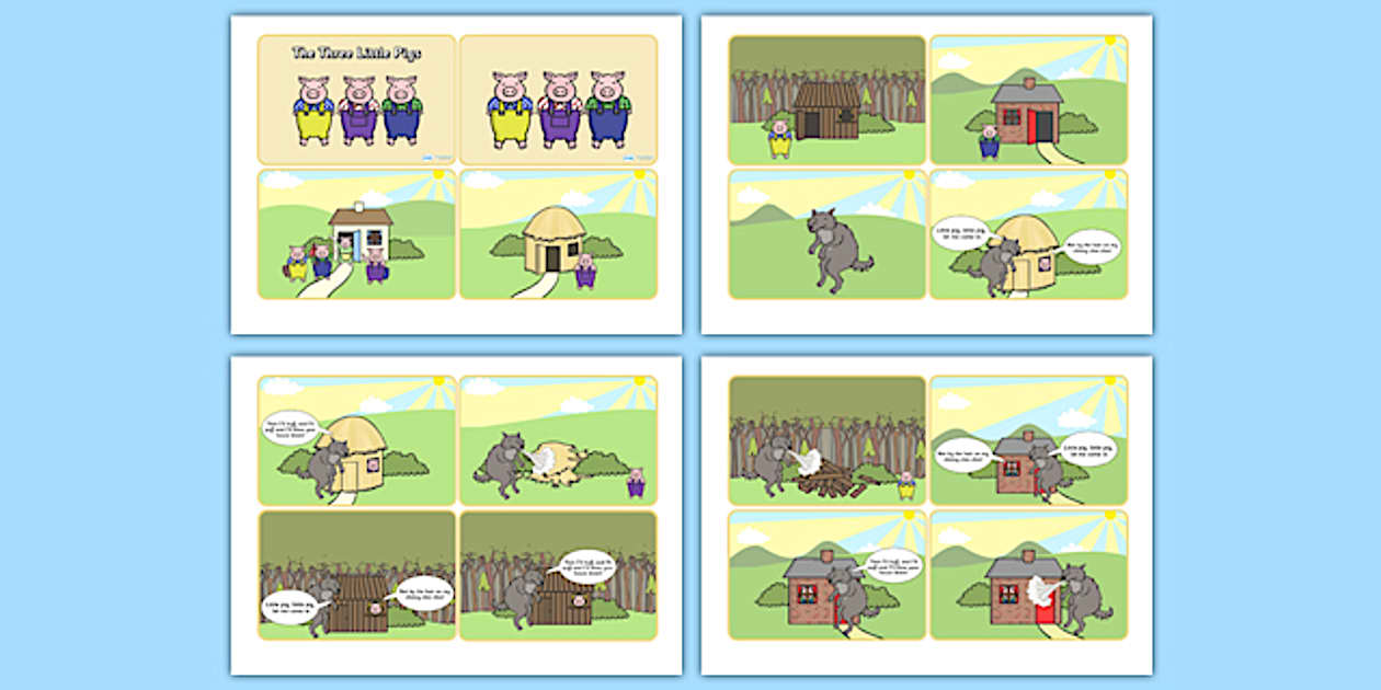 The 3 Little Pigs Story Sequencing (4 per A4 with Speech Bubbles)
