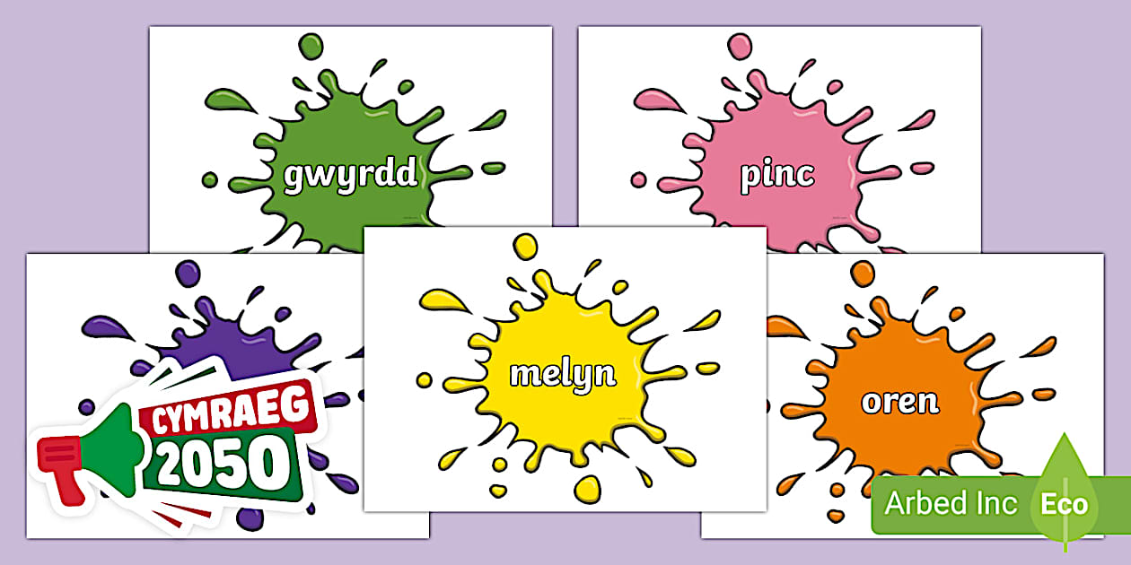 Welsh Colour Names Display Posters - Paint Splats | Twinkl
