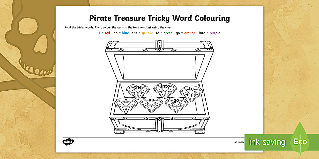 Editable Pirate Treasure Phase 2 Tricky Words Colouring Worksheet