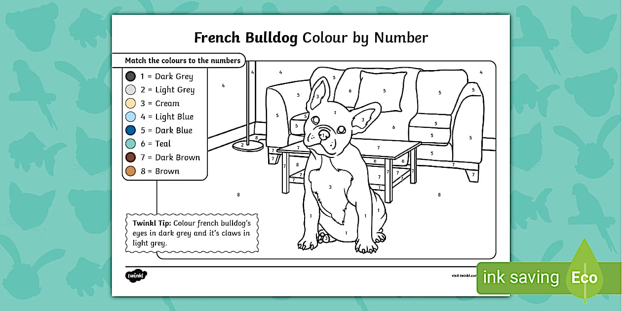 Free French Bulldog Colour By Number Worksheet for Kids!