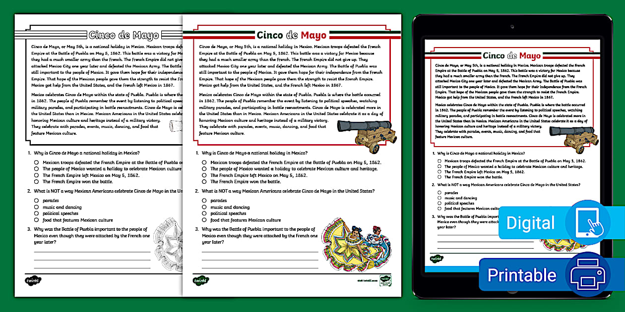Cinco de Mayo Reading Passage Comprehension Activity Worksheet