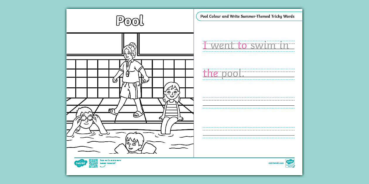 Pool Colour and Write Summer-Themed Tricky Words - Twinkl