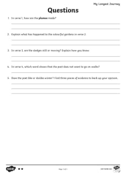 KS2 My Longest Journey Poem Differentiated Worksheet / Worksheet