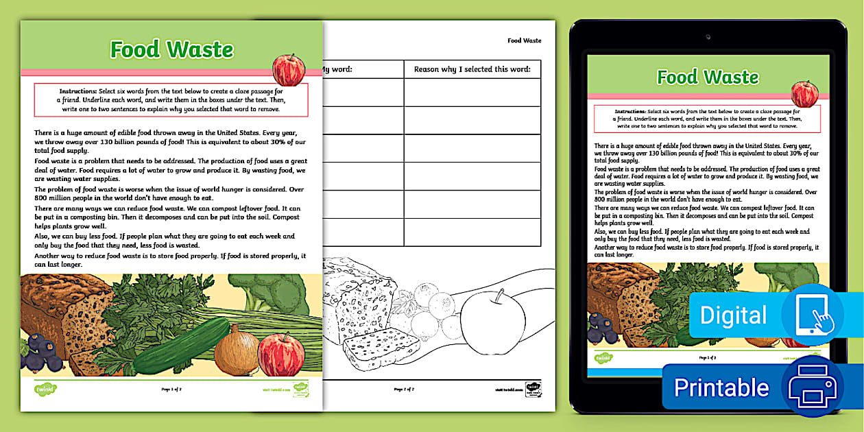 Third Grade Food Waste Reverse Cloze Worksheet - Twinkl