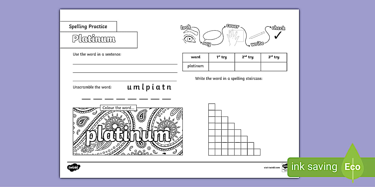 Platinum Spelling Practice Worksheet (teacher made) - Twinkl