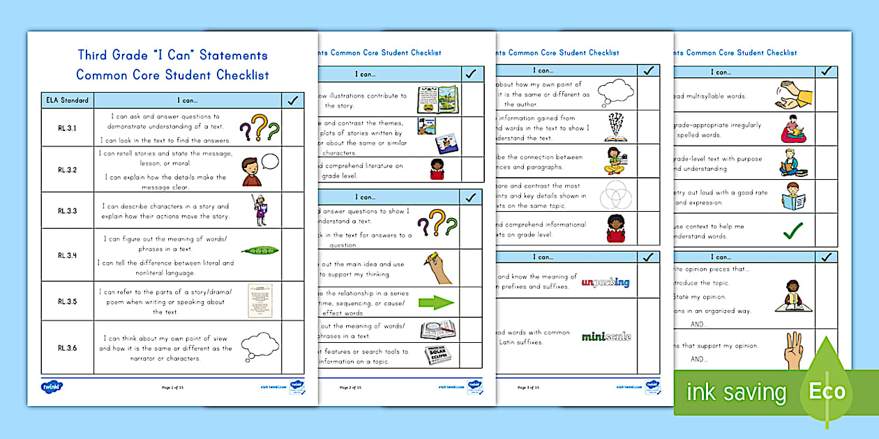 Third Grade Common Core Standards Student Checklist - Twinkl