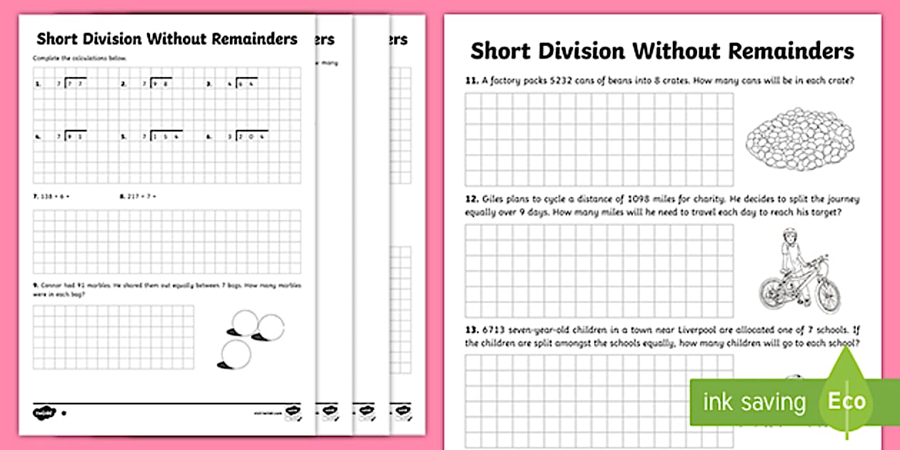 Short Division Worksheets Without Remainders | Maths