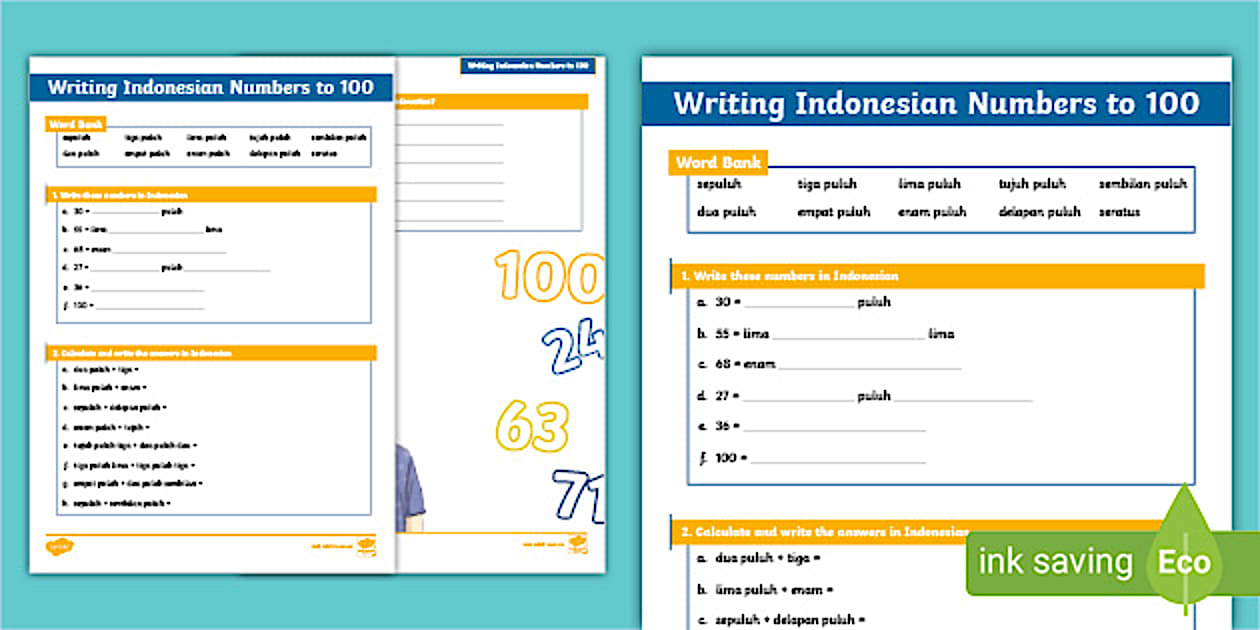 Writing Numbers to 100 Worksheet Indonesian - Twinkl