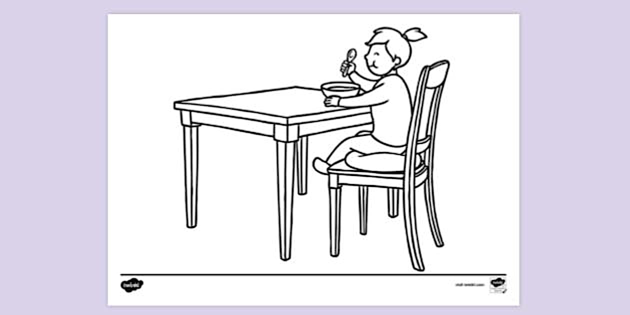 Girl Eating Breakfast at Table Colouring | Colouring Sheets