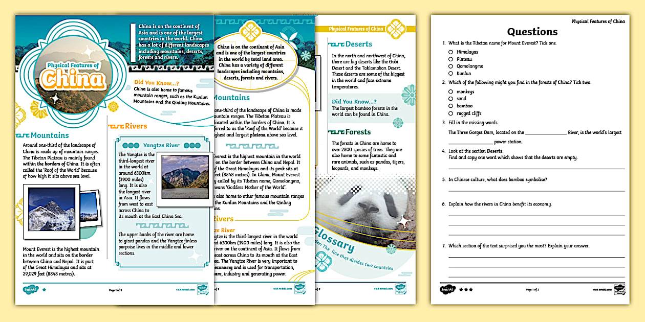 Physical Features of China Reading Comprehension - Twinkl