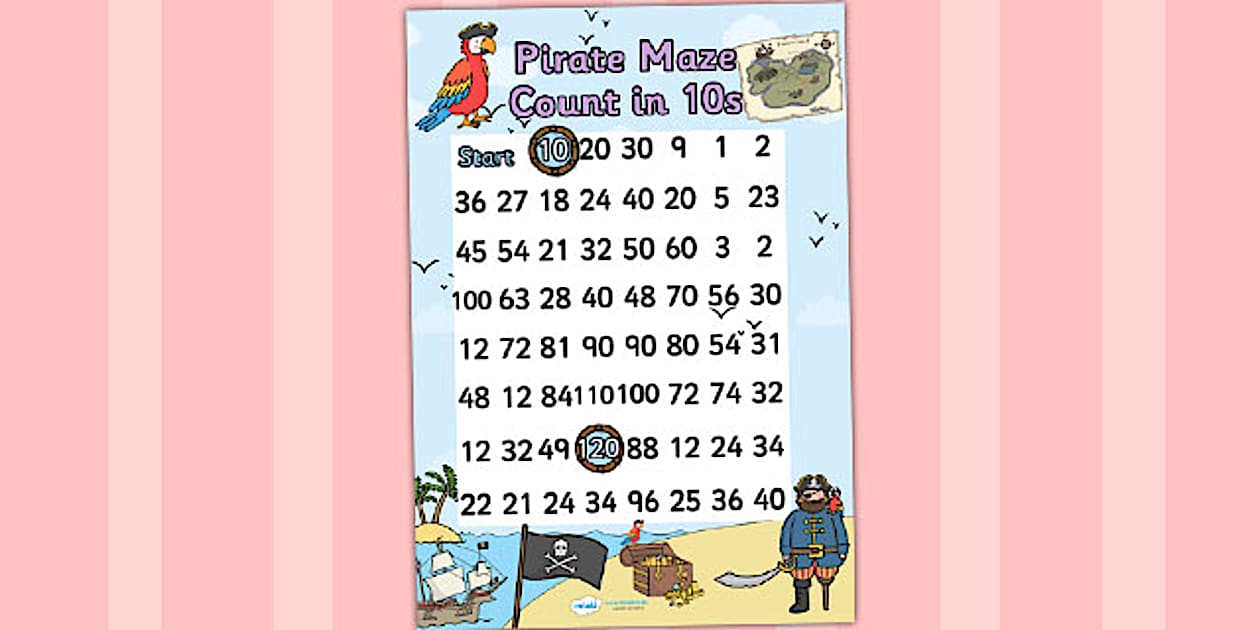 Pirate Themed Counting in 10s Maze Worksheet (teacher made)