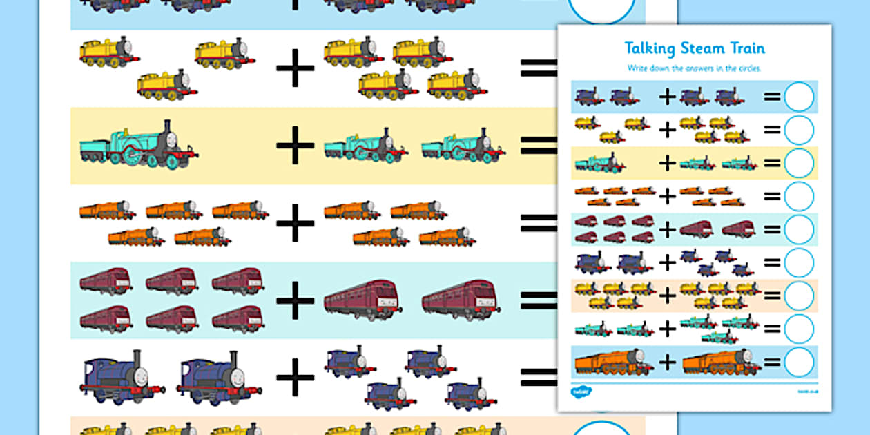 Black and White Talking Steam Train Themed Up to 10 Addition Sheet