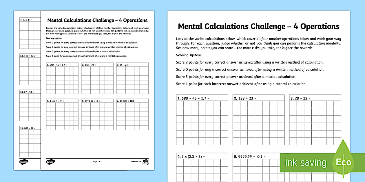 Mental Calculations Challenge 4 Operations (teacher made)