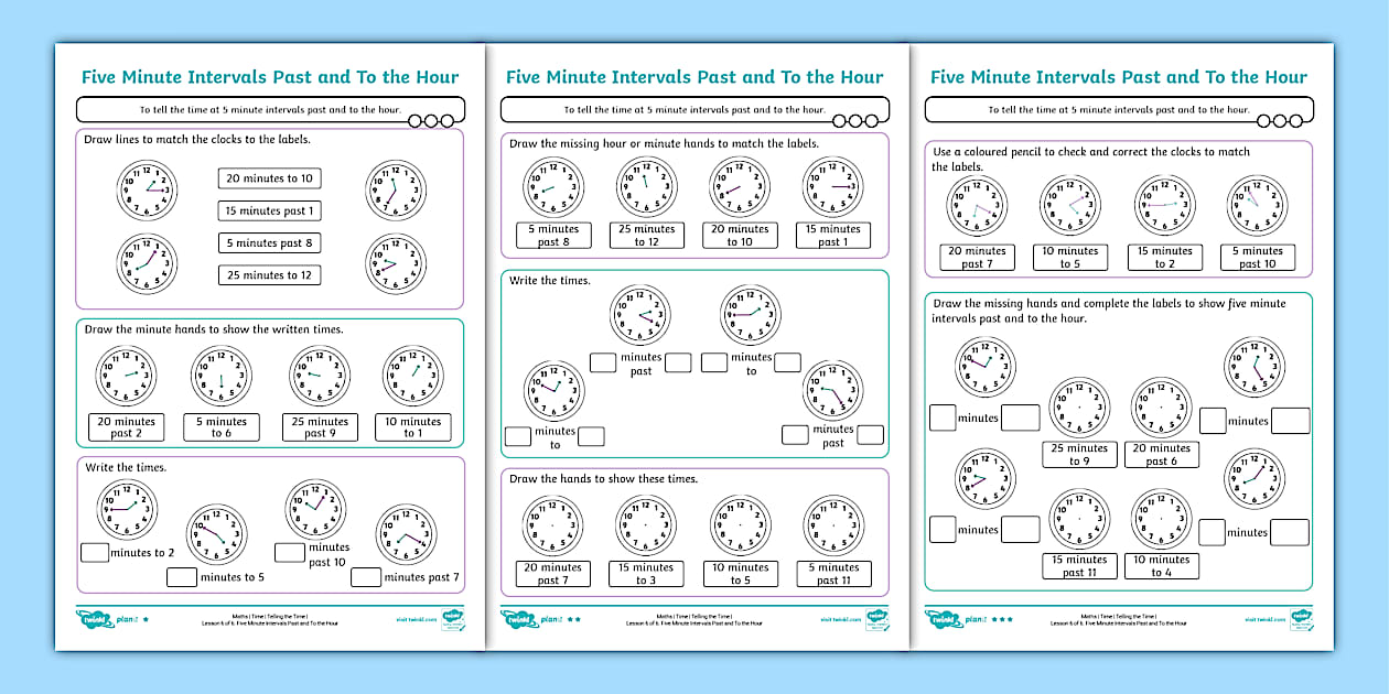 👉 Time Five Minute Intervals Past and To Maths Activity Sheets
