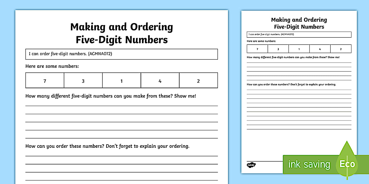 Making and Ordering Five Digit Numbers Open Ended Task Worksheet ...