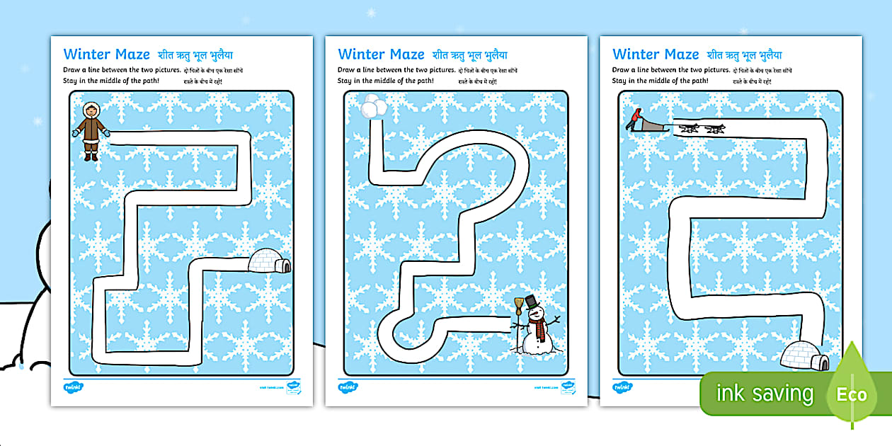 Winter Pencil Control Path Worksheet / Worksheets English/Hindi