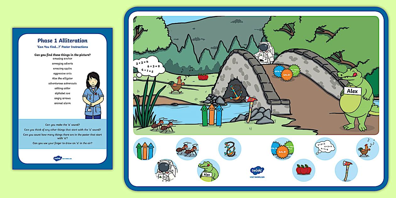 Phase 1 Phonics: Alliteration 'a' Can You Find...? Poster and Prompt Card