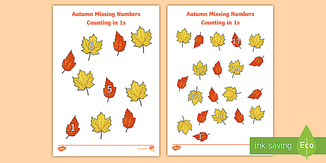 Autumn Leaf Themed Missing Numbers Counting in 1s Worksheet