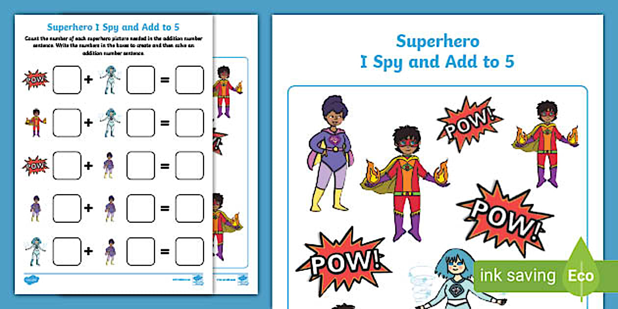 👉 Superheroes I Spy and Add to 5 Activity (teacher made)