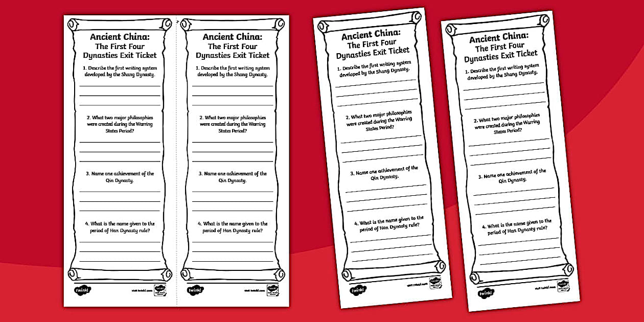 Ancient China: The First Four Dynasties Exit Ticket for 6th-8th Grade