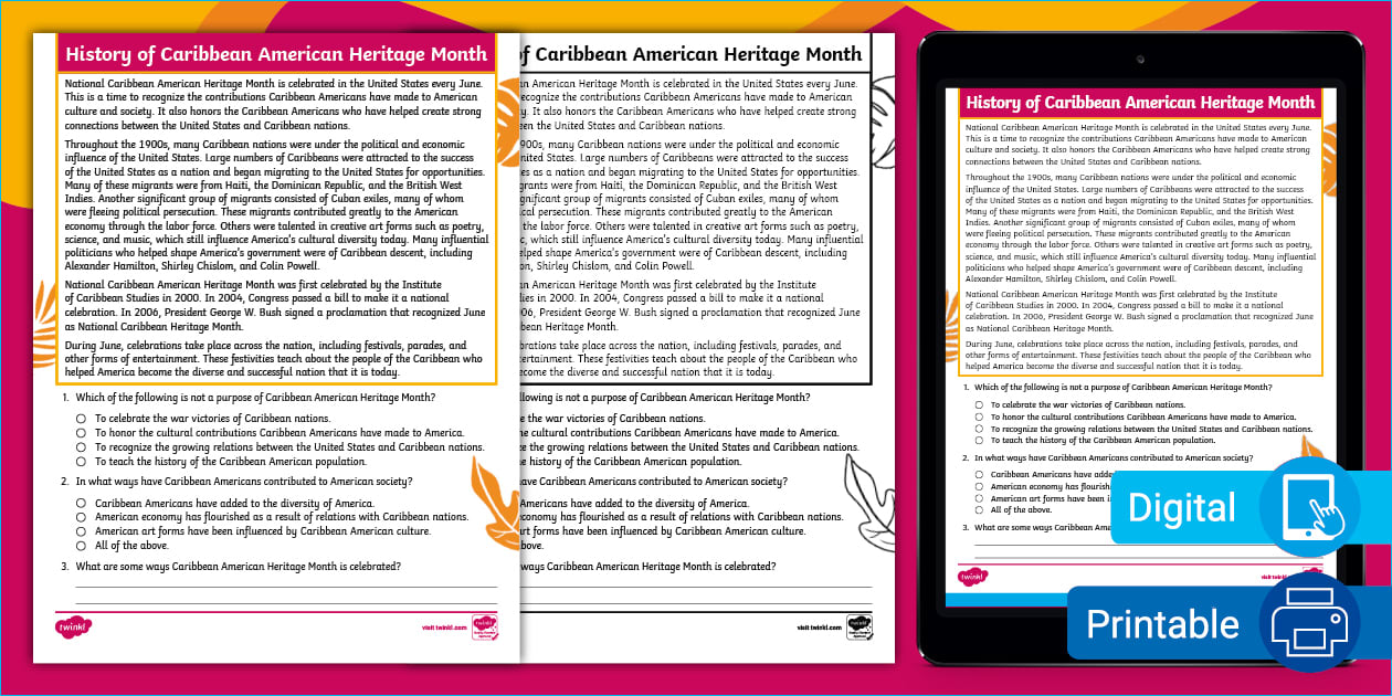 Seventh Grade History of Caribbean American Heritage Month Reading Passage