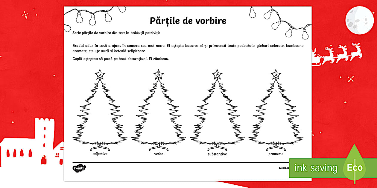 Împodobim brazi cu părți de vorbire Fișă de lucru