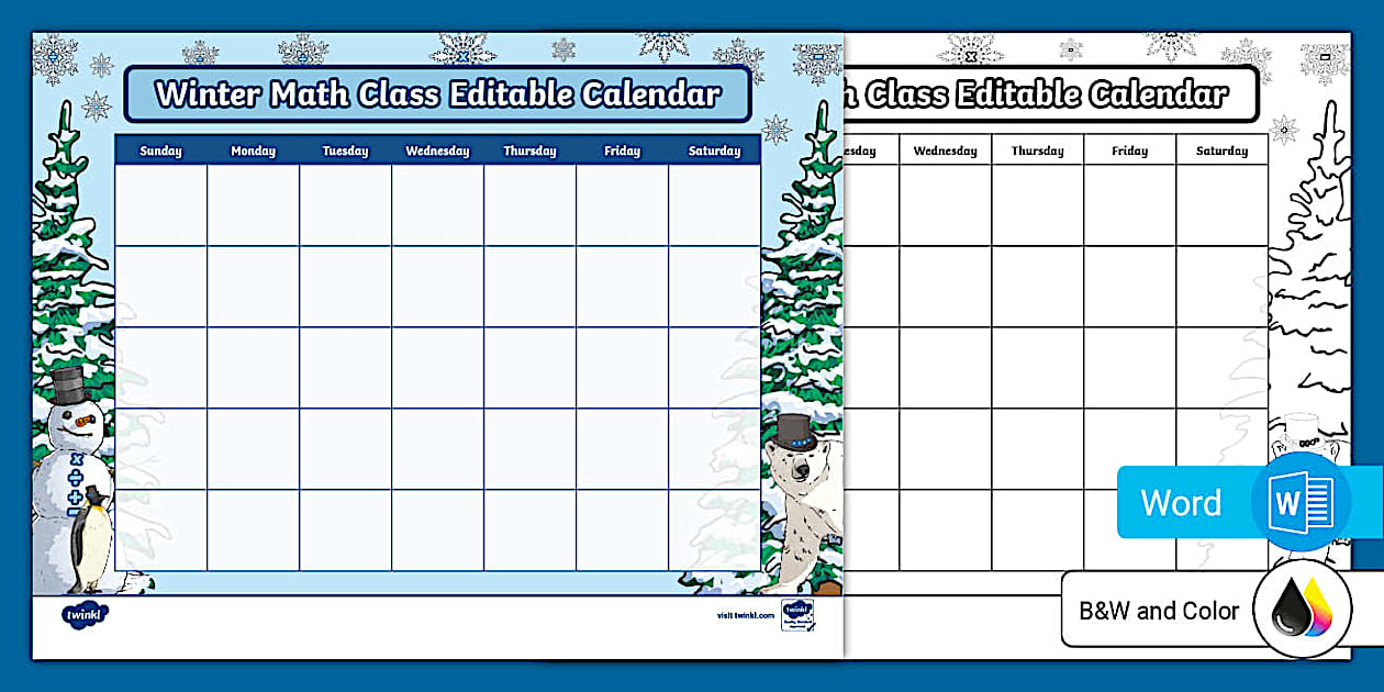 Winter Math Class Editable Calendar (teacher made) - Twinkl