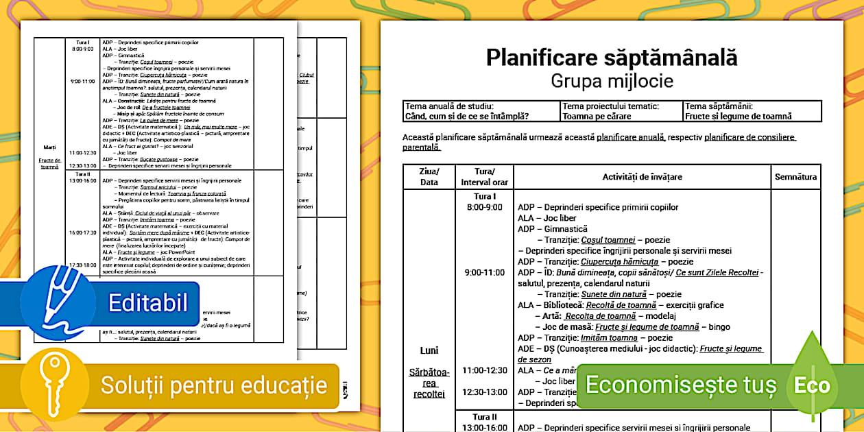 FREE! - Fructe și legume – Planificare săptămânală grupa mijlocie