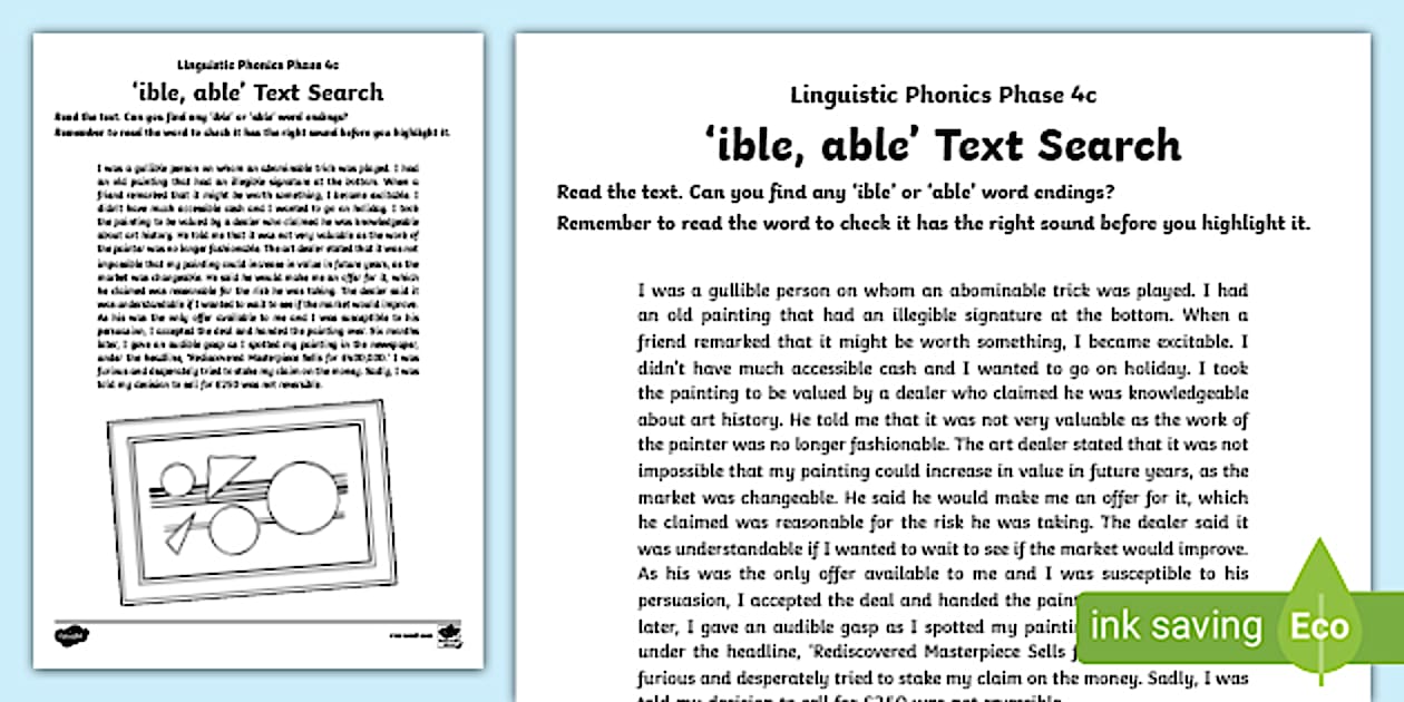 Linguistic Phonics Phase 4c ‘ible, able’ Text Search Worksheet