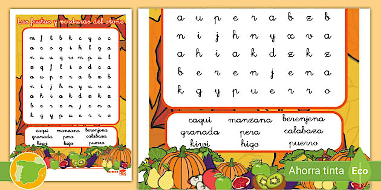 Sopa de letras: Frutas y verduras del otoño - Twinkl