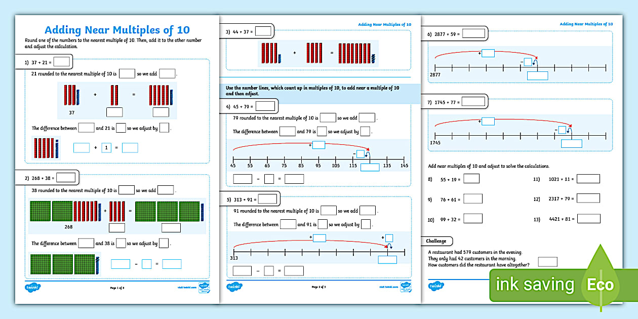 👉 Adding Near Multiples of 10 Maths Worksheets - Twinkl - LKS2