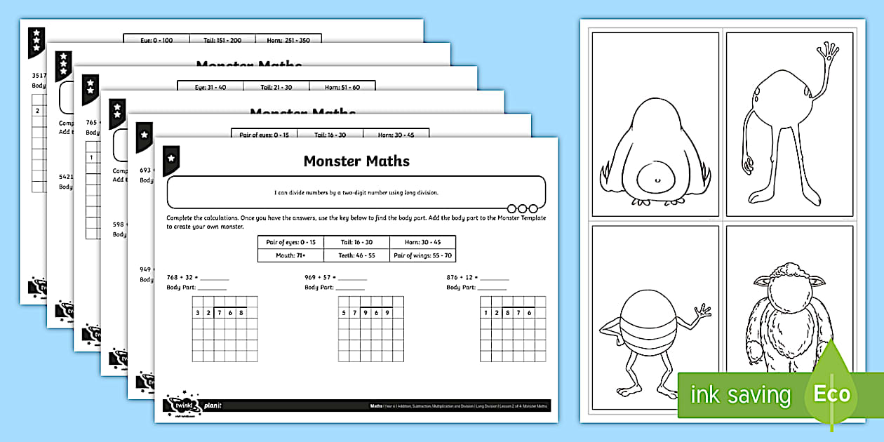 Differentiated Two-Digit Numbers Division Monster Worksheet / Worksheet