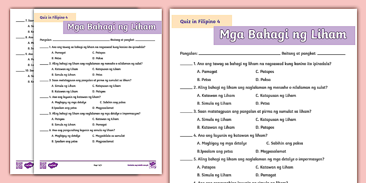 Grade 4 Filipino Quiz - Mga Bahagi ng LIham (teacher made)