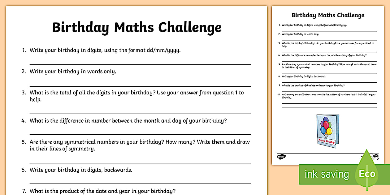 Birthday Maths Challenge Worksheet / Worksheet - Twinkl