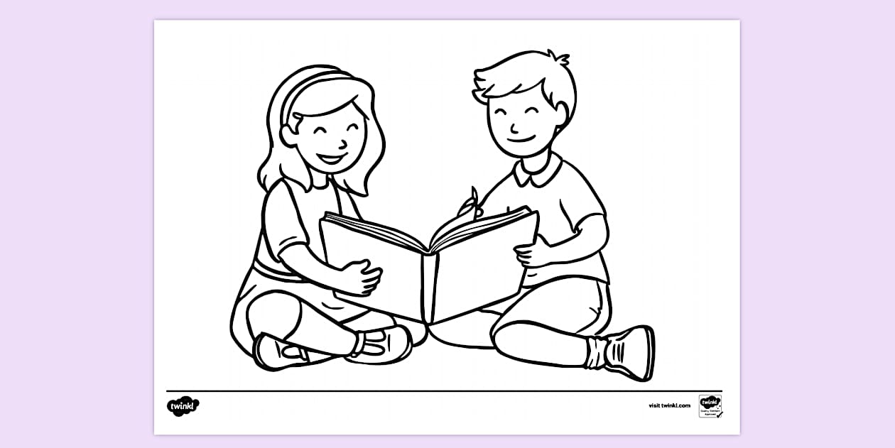 Children Reading Book Colouring Sheet | Colouring Sheets
