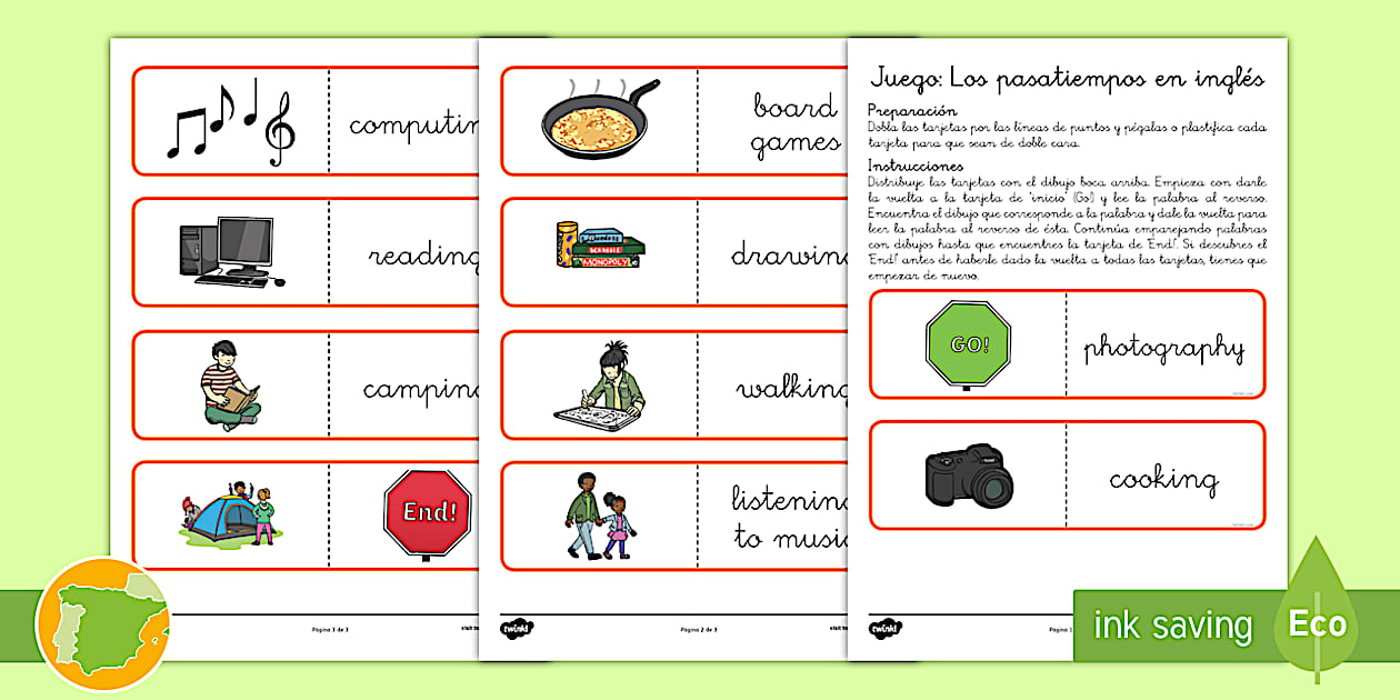 A1 Juego: Emparejar los pasatiempos en inglés - Twinkl