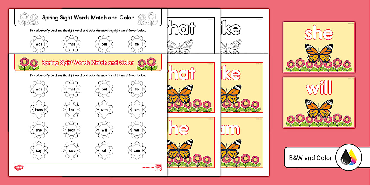 Kindergarten Spring Sight Words Match and Color Worksheet