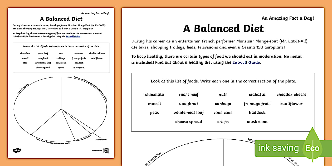 A Balanced Diet Worksheet - Balanced Diet Pie Chart | KS2
