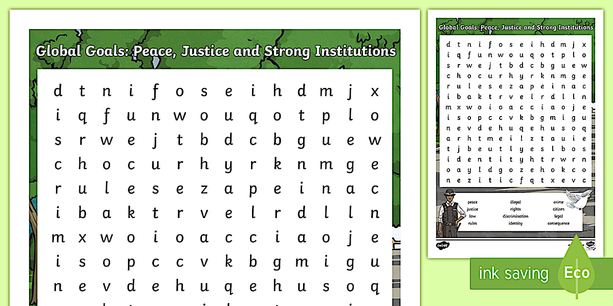 Black and White Global Goals: Peace, Justice and Strong Institutions Word