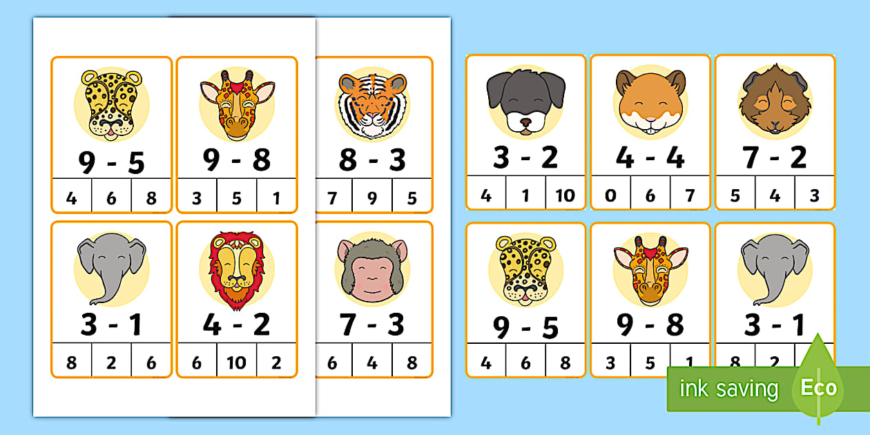 Animal Themed Subtraction from 10 Peg Activity - Twinkl