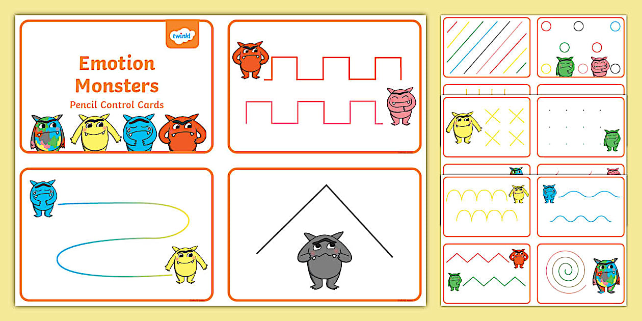 Emotion Monsters Pencil Control Flashcards (teacher made)