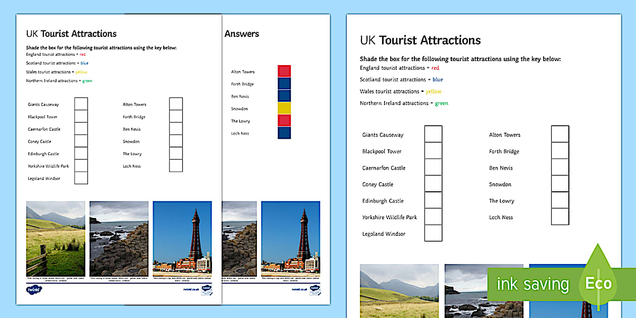 UK Tourist Attractions Worksheet / Worksheet - Twinkl