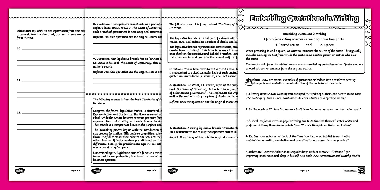 Embedding Quotations in Writing Worksheet for 6th-8th Grade