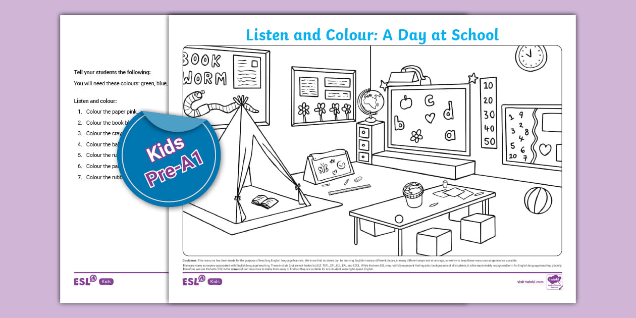 ESL Listen & Colour: School Activity (teacher made) - Twinkl