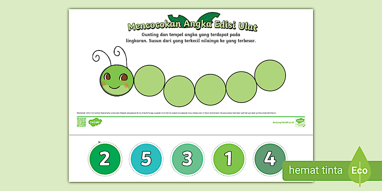 Worksheet Mengurutkan Angka 1-5 Edisi Ulat Hijau - Twinkl