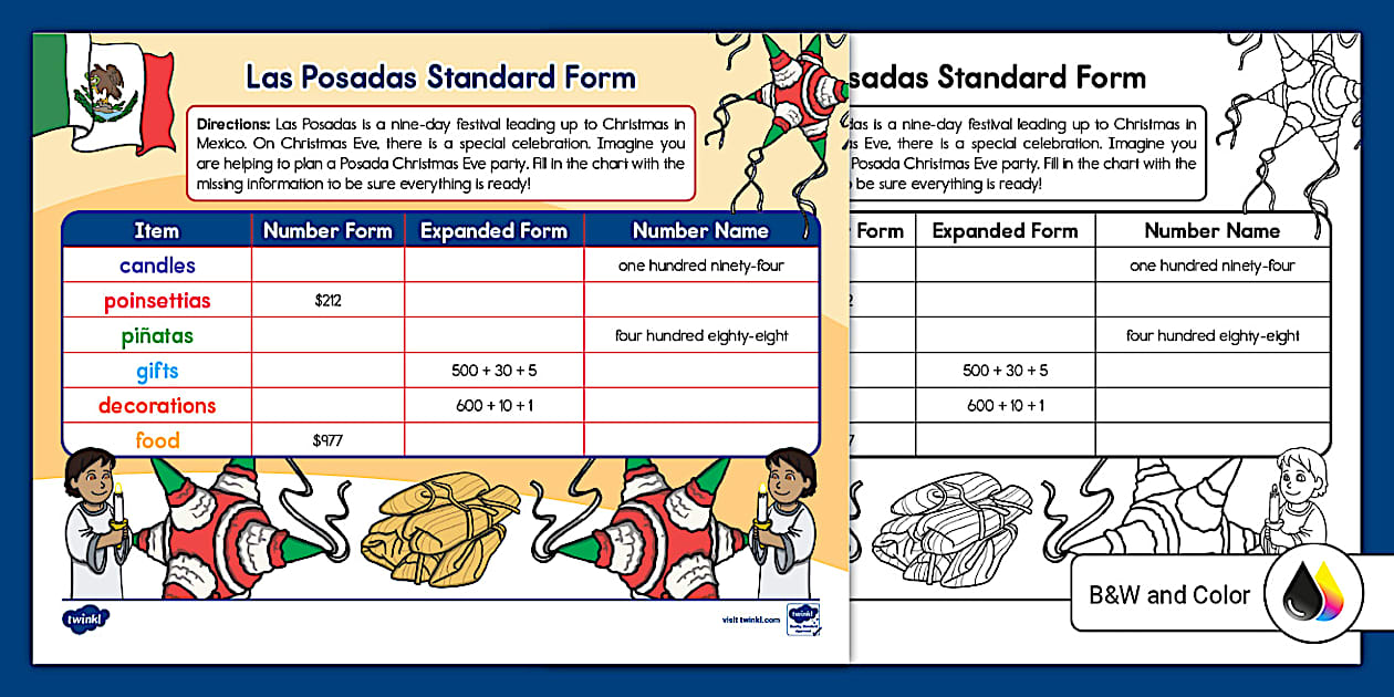 Las Posadas Standard Form Math Worksheet for 1st-2nd Grade