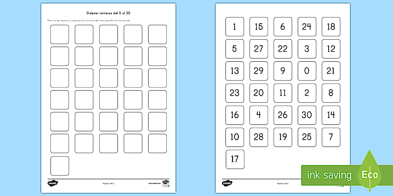 Ficha de actividad: Ordenar números del 0 al 30 - Twinkl