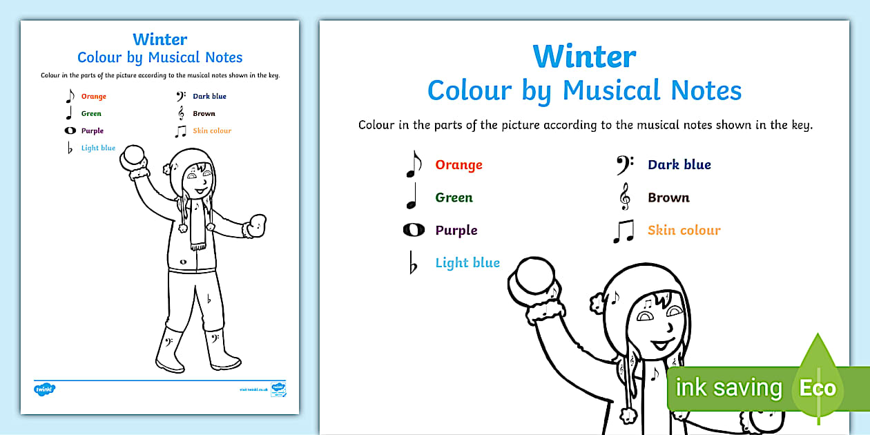 Winter Colour by Musical Notes Worksheet - Twinkl