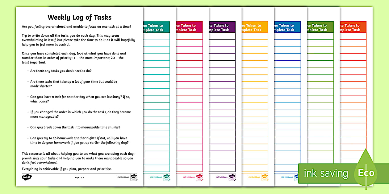 Weekly Log of Tasks Worksheet / Worksheet - Twinkl