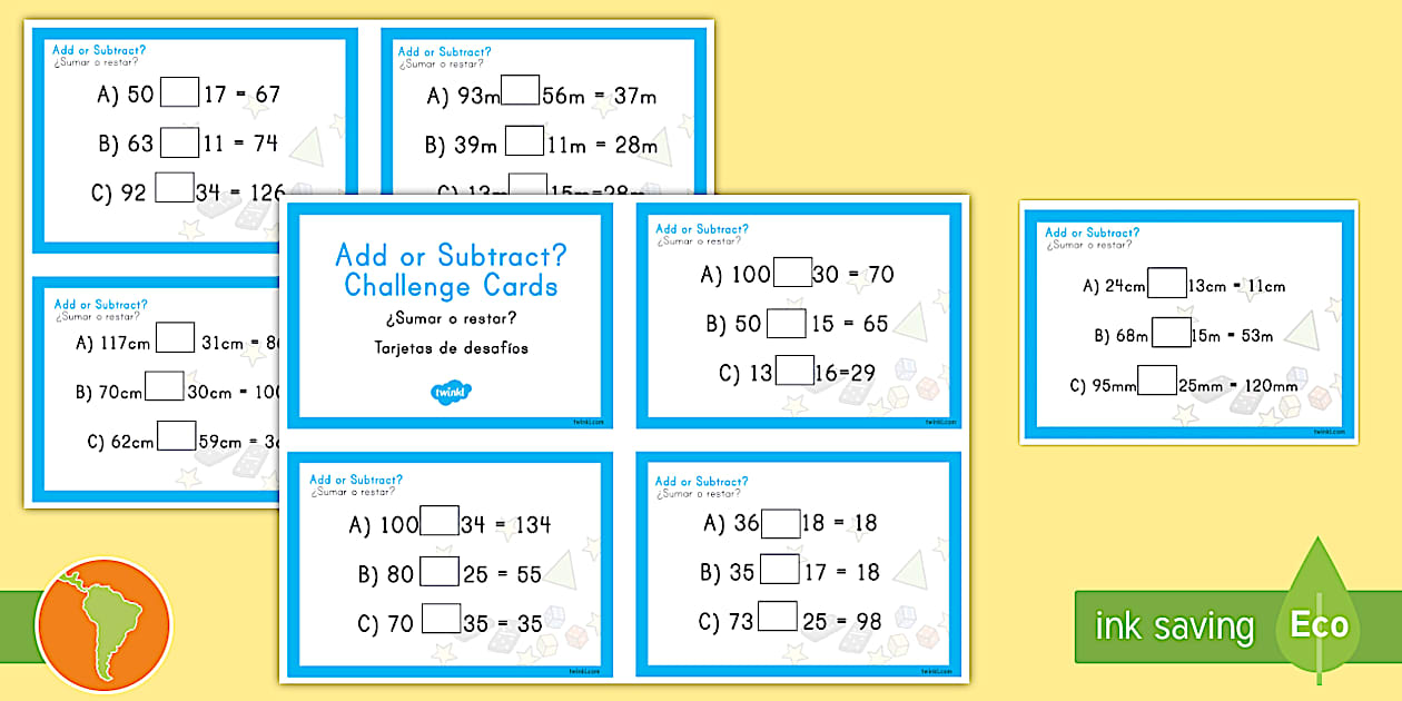 Addition and Subtraction Maths Challenge Cards English/Spanish ...
